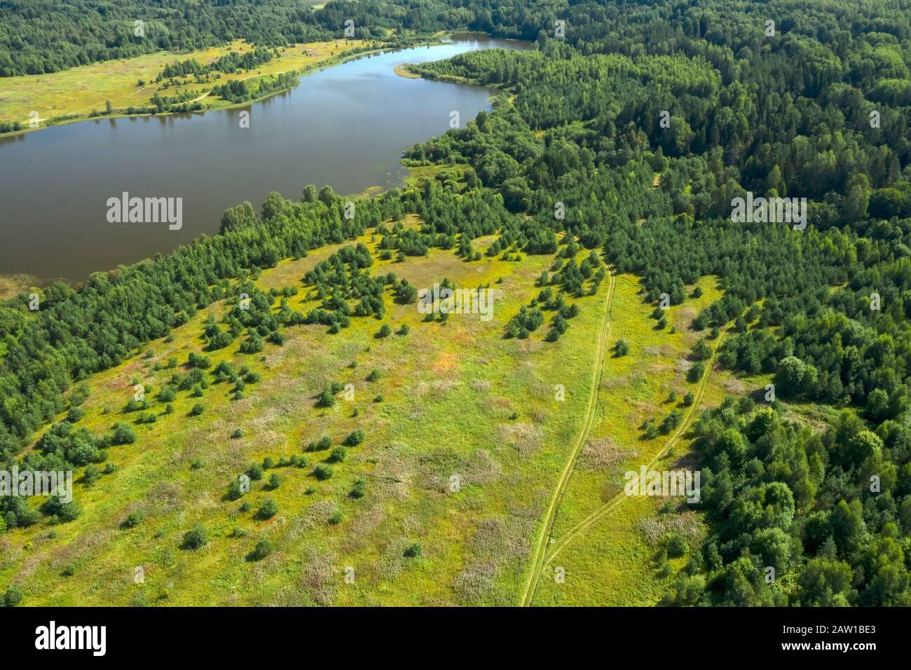 Aerial view from above on a forest lake and and its surroundings Stock ...