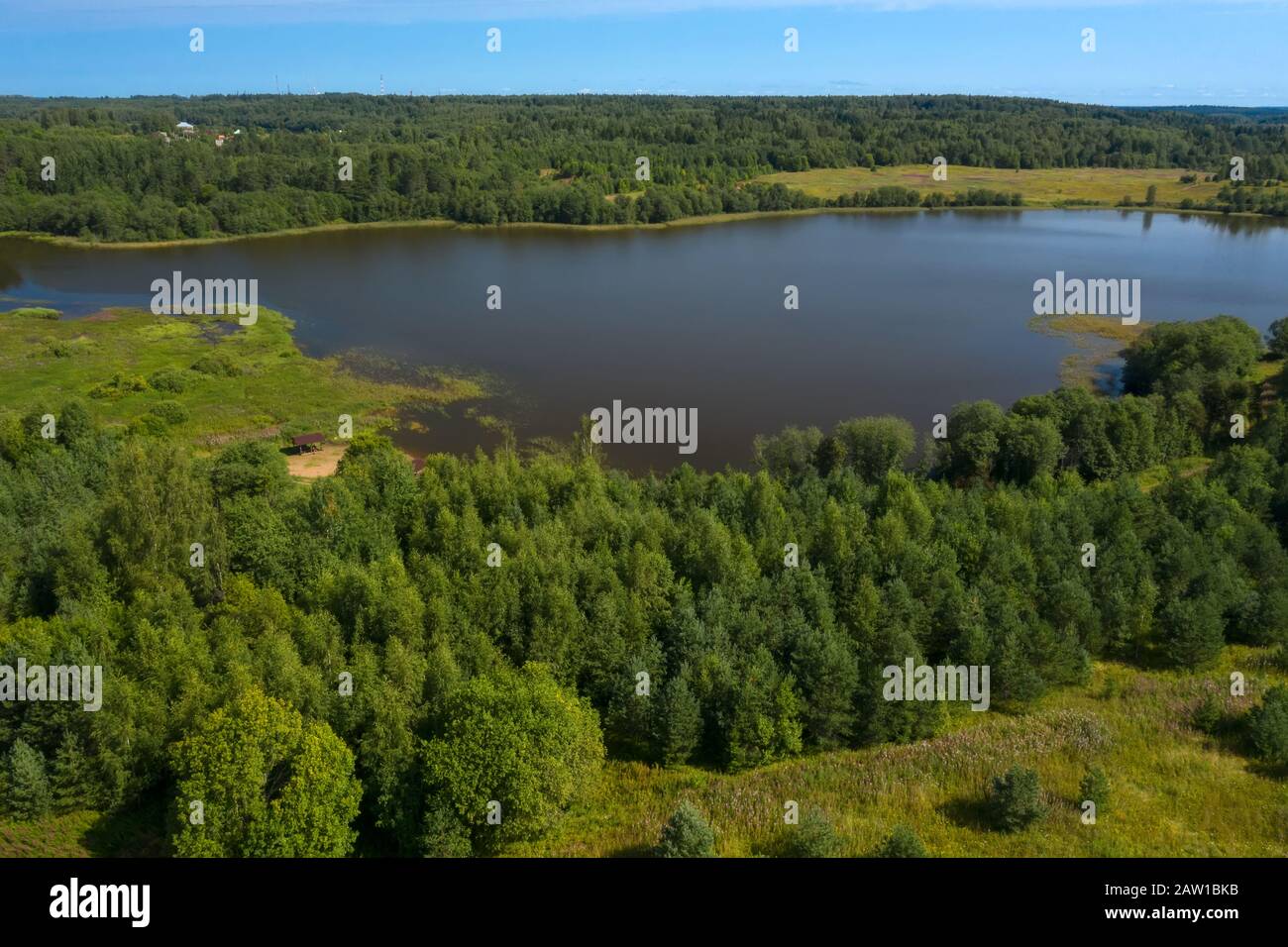 Aerial view from above on a forest lake and and its surroundings Stock ...