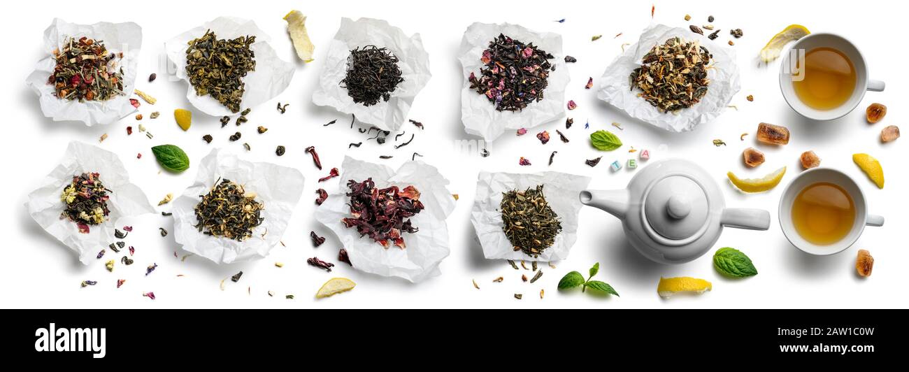Large assortment of tea on a white background. The view from the top ...