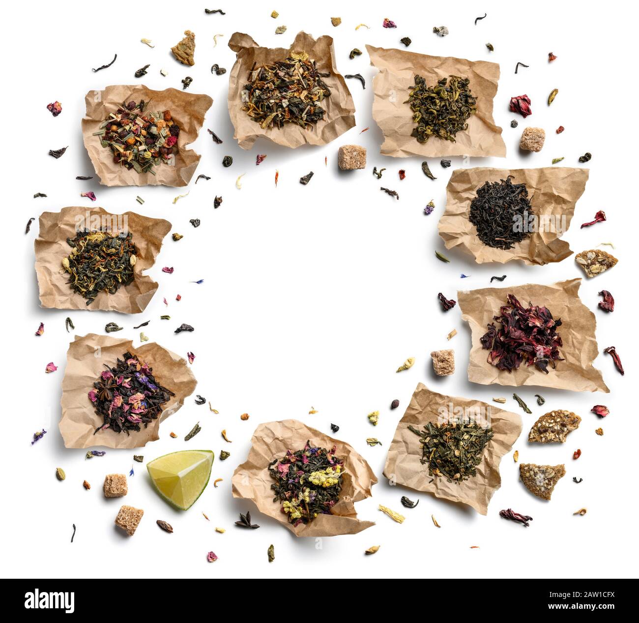 Large assortment of tea on a white background. The view from the top ...