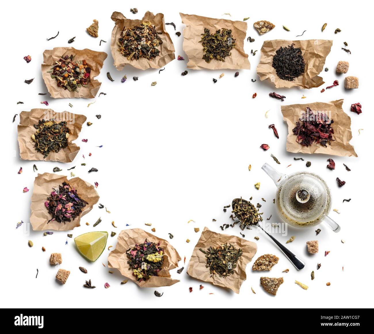 Large assortment of tea on a white background. The view from the top ...