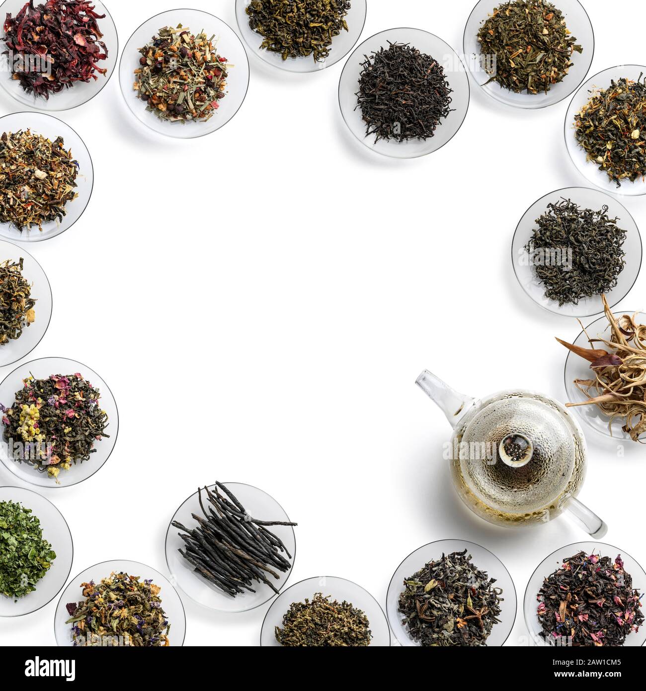 Large assortment of tea on a white background. The view from the top ...
