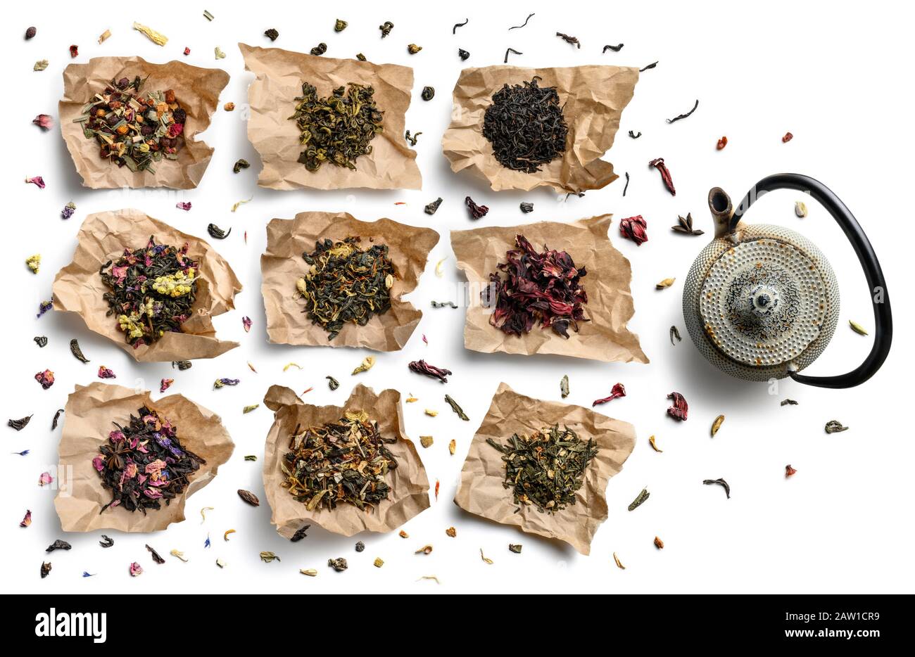 Large assortment of tea on a white background. The view from the top ...