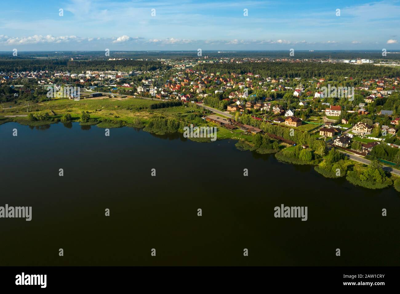 Aerial view of the lake and village houses located on its shore Stock ...
