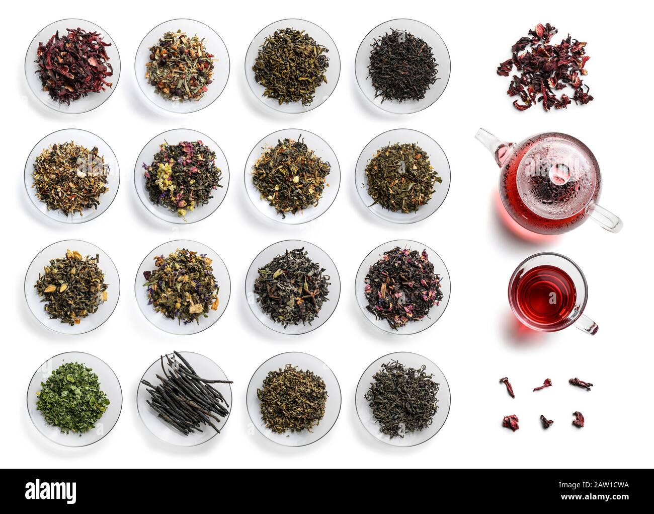 Large assortment of tea on a white background. The view from the top ...
