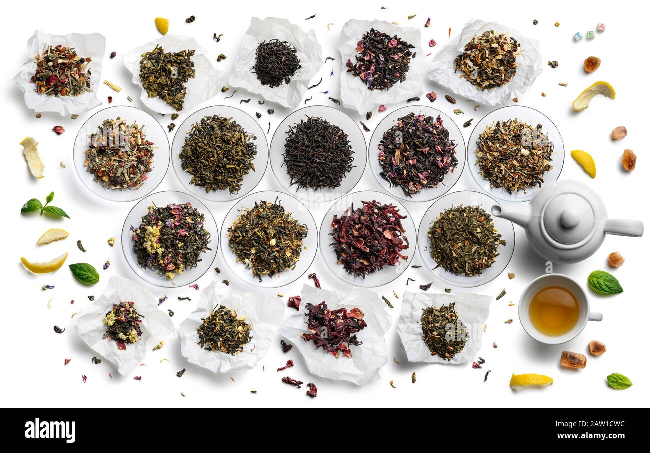 Large assortment of tea on a white background. The view from the top ...