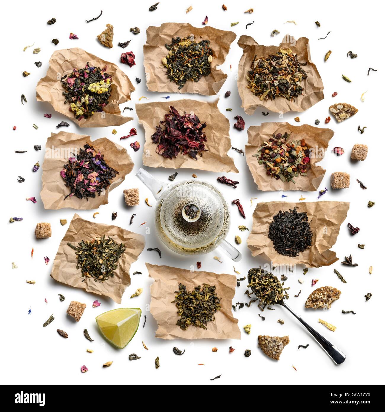 Large assortment of tea on a white background. The view from the top ...