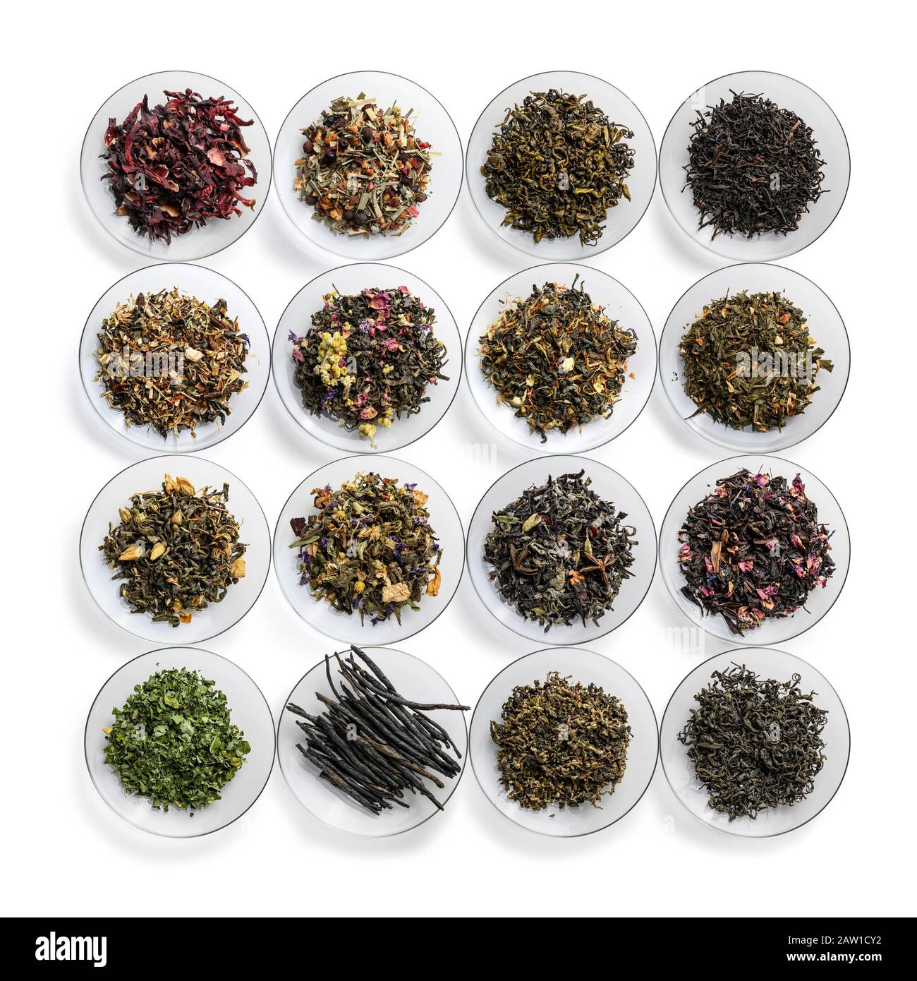 Large assortment of tea on a white background. The view from the top ...