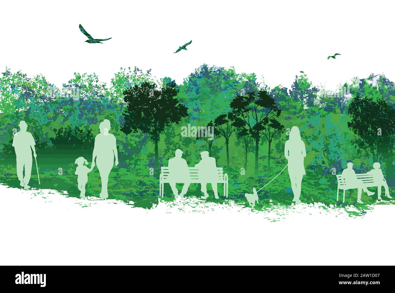 Vector illustration of beautiful landscape scene with people on park ...