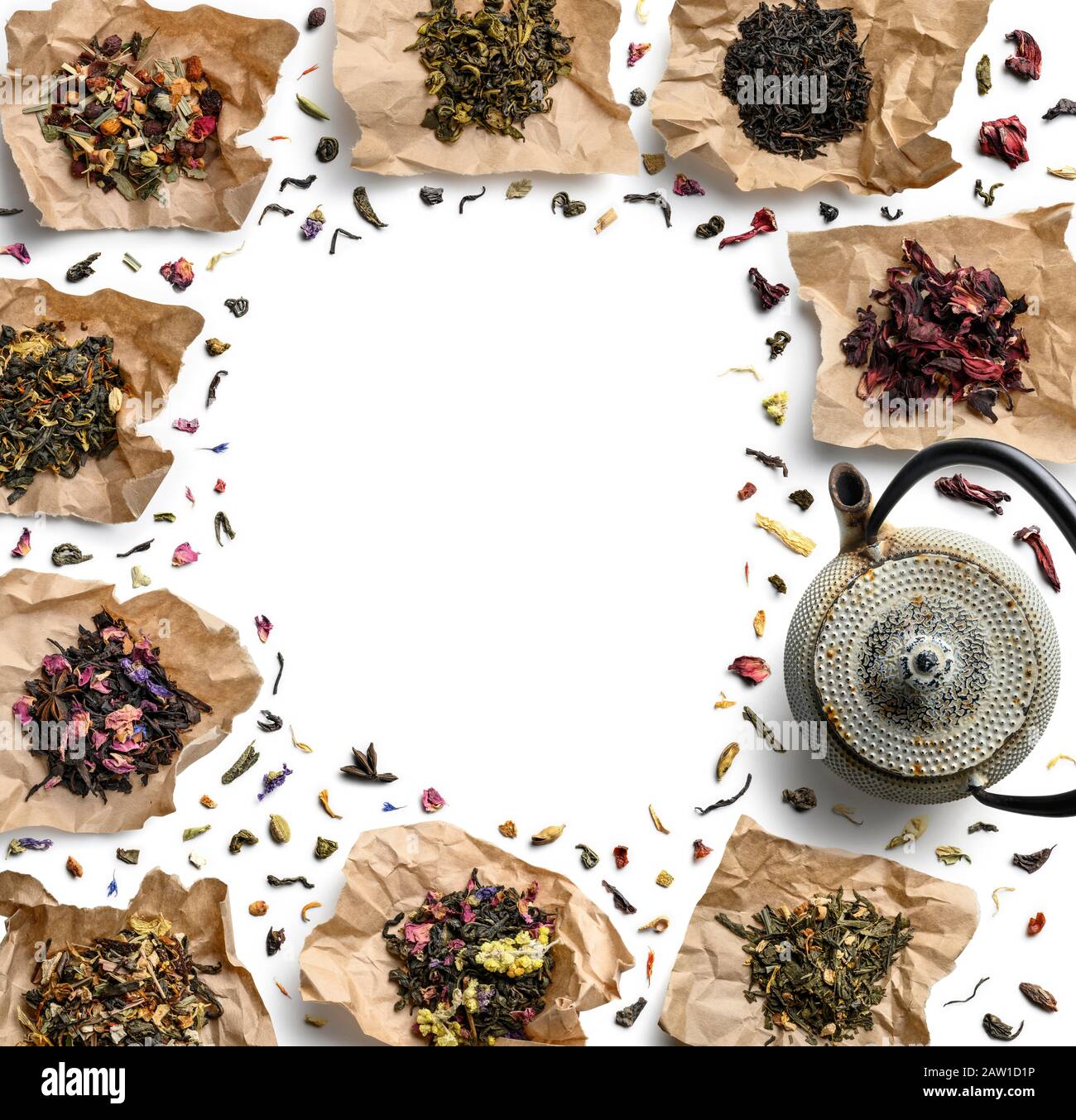 Large assortment of tea on a white background. The view from the top ...