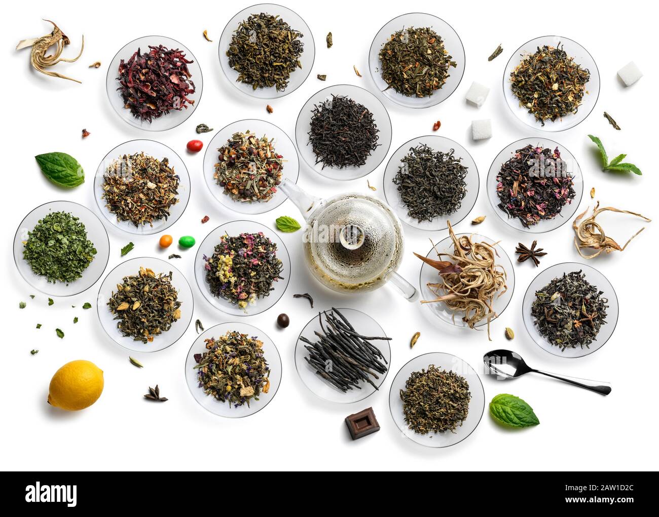 Large assortment of tea on a white background. The view from the top ...