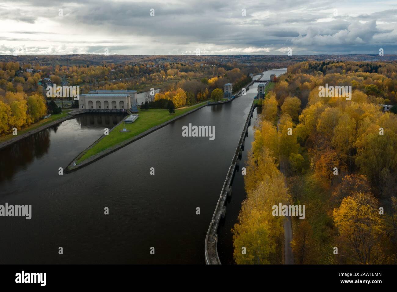 Aerial View Of The Gateway On The Moscow Canal On A Rainy Autumn ...
