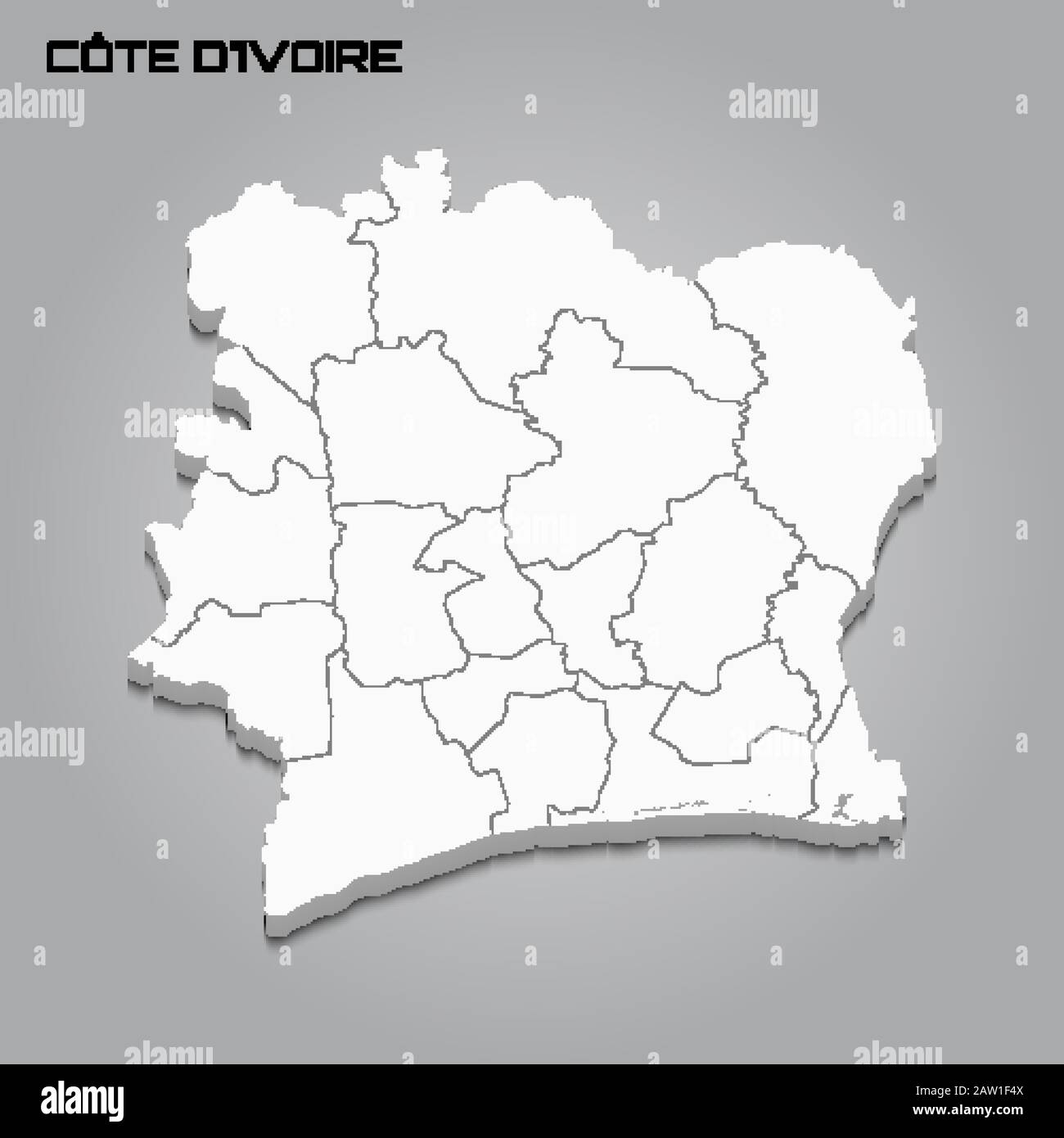 Cote d'Ivoire 3d map with borders of regions. Vector illustration Stock ...