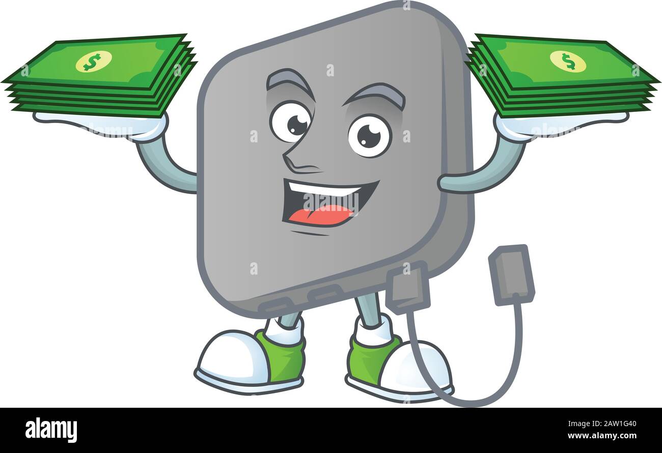 rich and famous power bank cartoon character with money on hands Stock ...