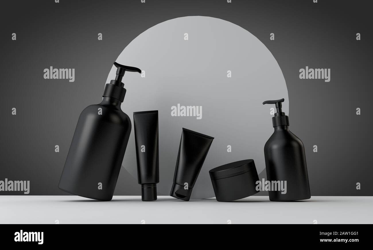 Black cosmetic skincare makeup containers. 3D Render Stock Photo - Alamy
