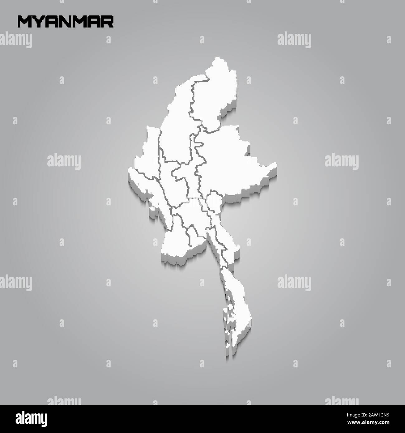 Myanmar 3d map with borders of regions. Vector illustration Stock ...