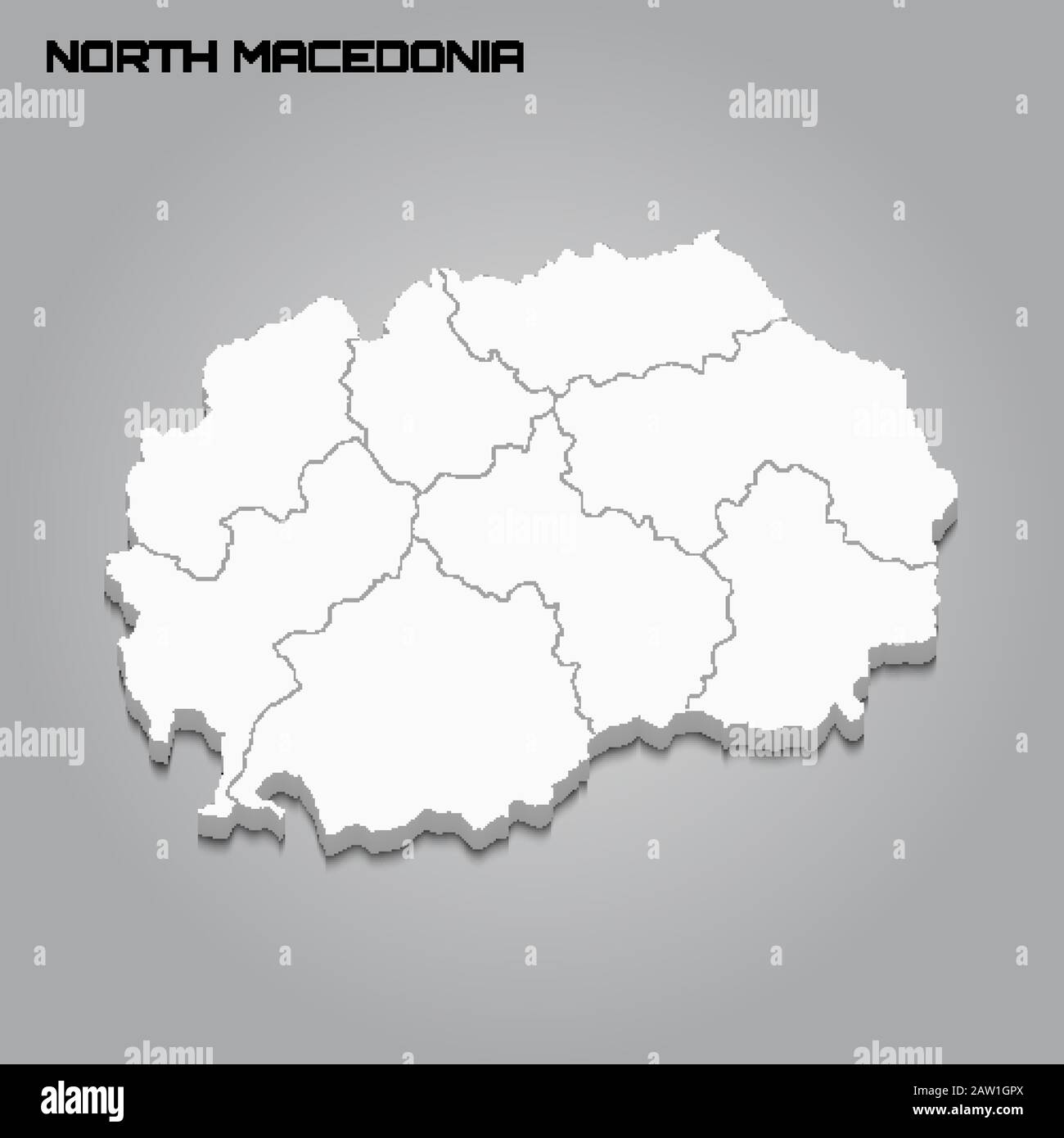 North Macedonia 3d map with borders of regions. Vector illustration ...