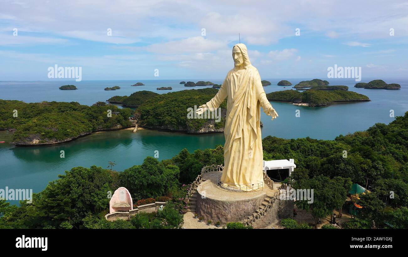 One hundred Islands national Park and the statue of Christ located on ...