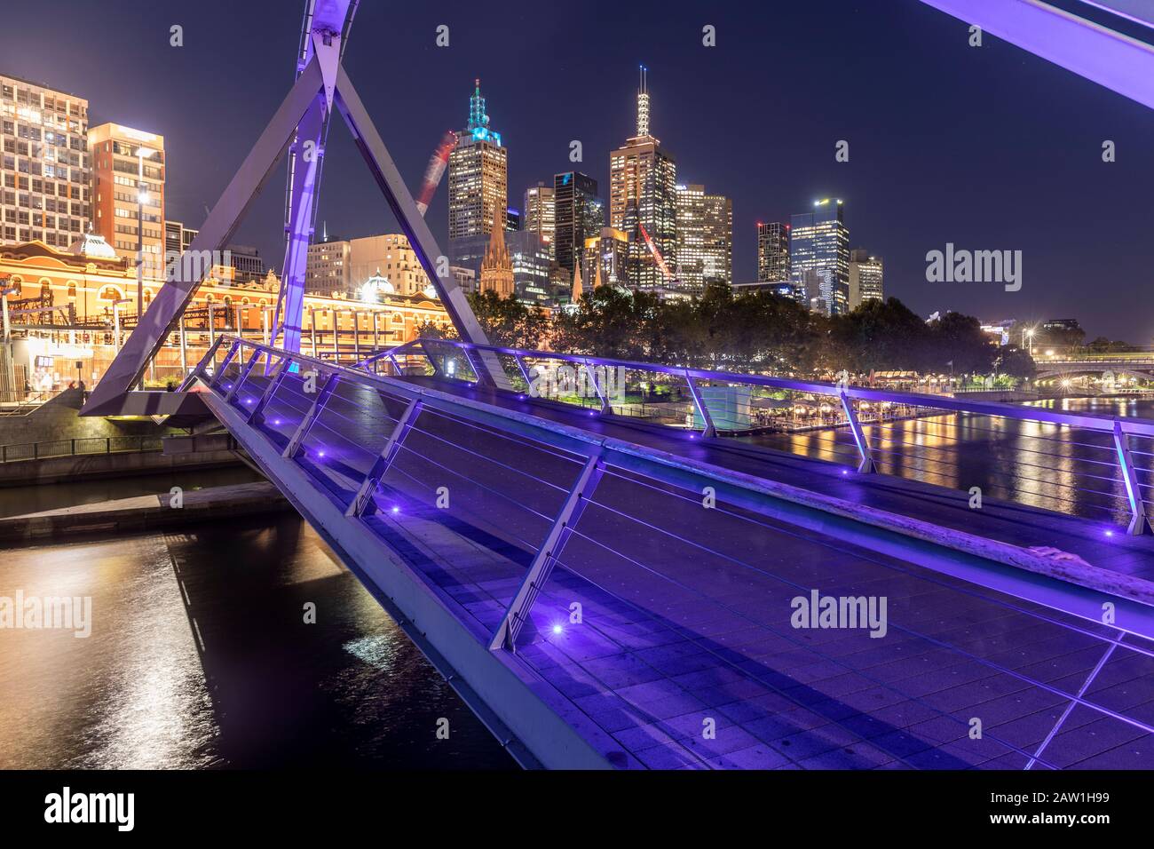 Melbourne city centre at night with evan walker pedestrian bridge and ...