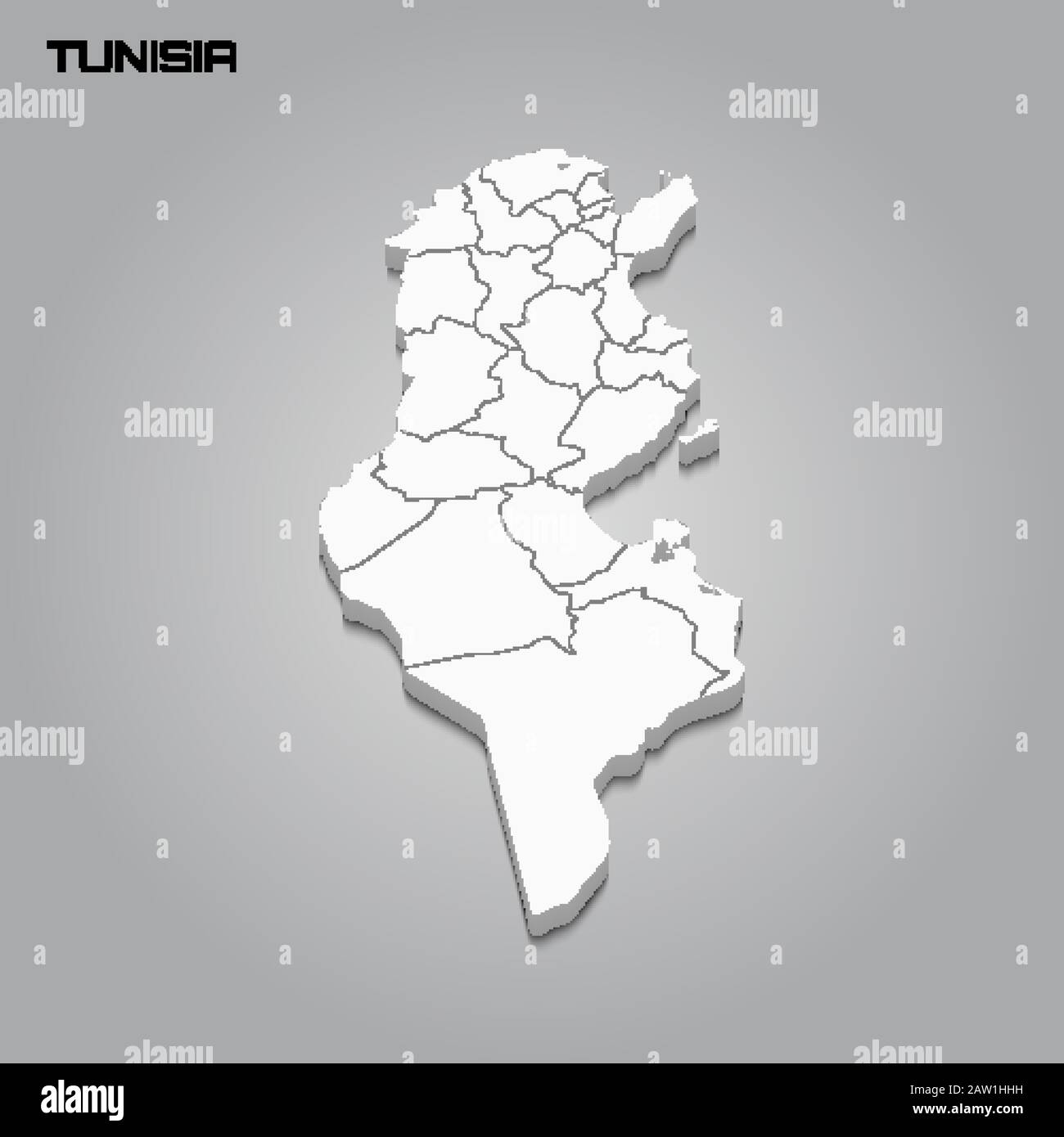 Tunisia 3d map with borders of regions. Vector illustration Stock ...