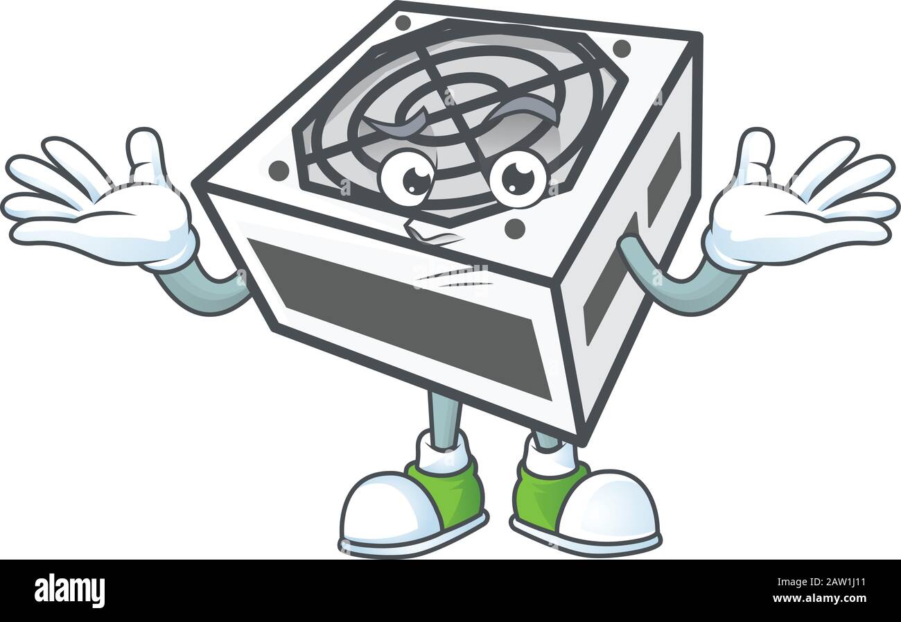 A comical Grinning power supply unit white color cartoon design style ...