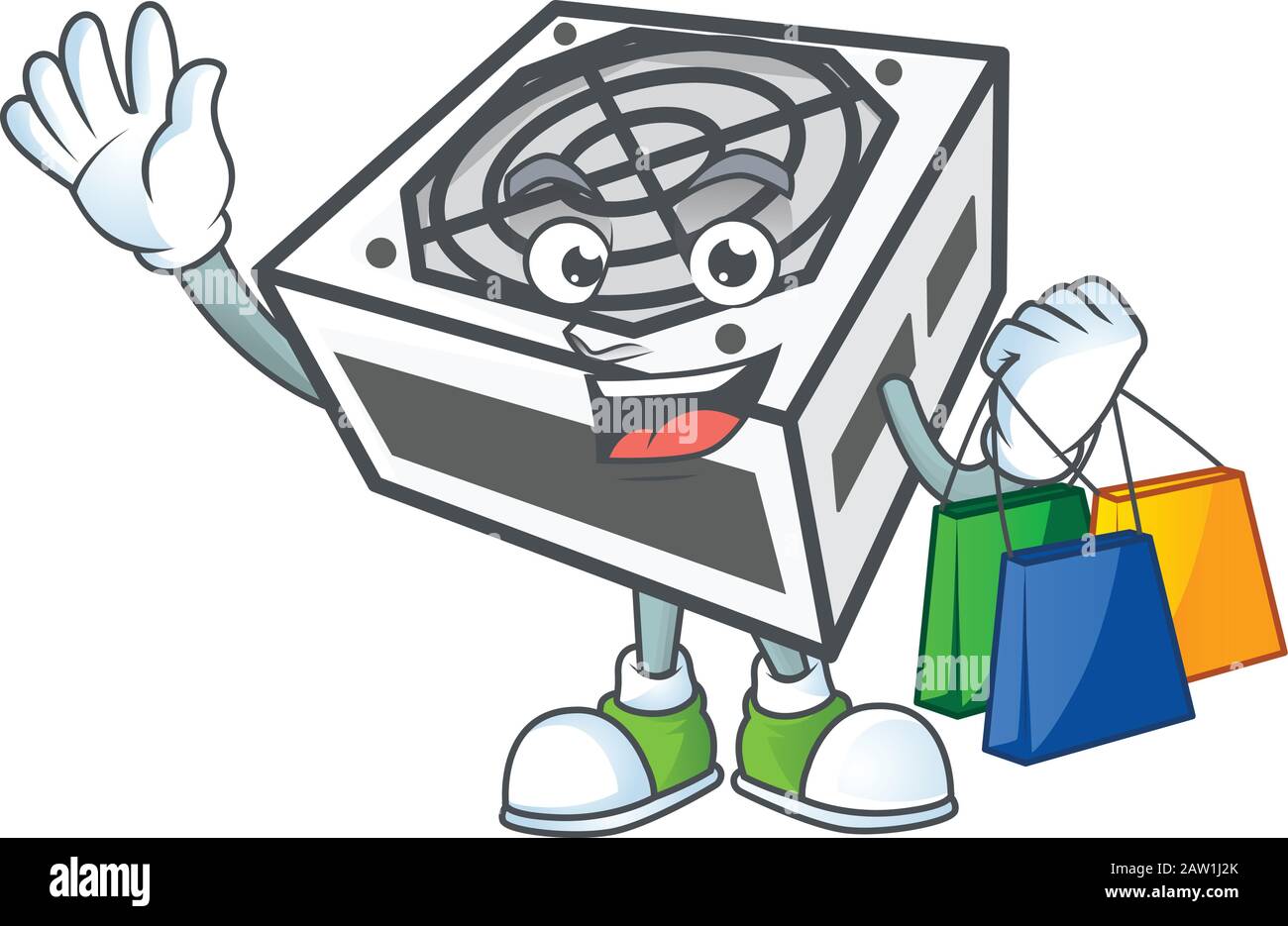 A rich power supply unit white color cartoon design waving and holding ...