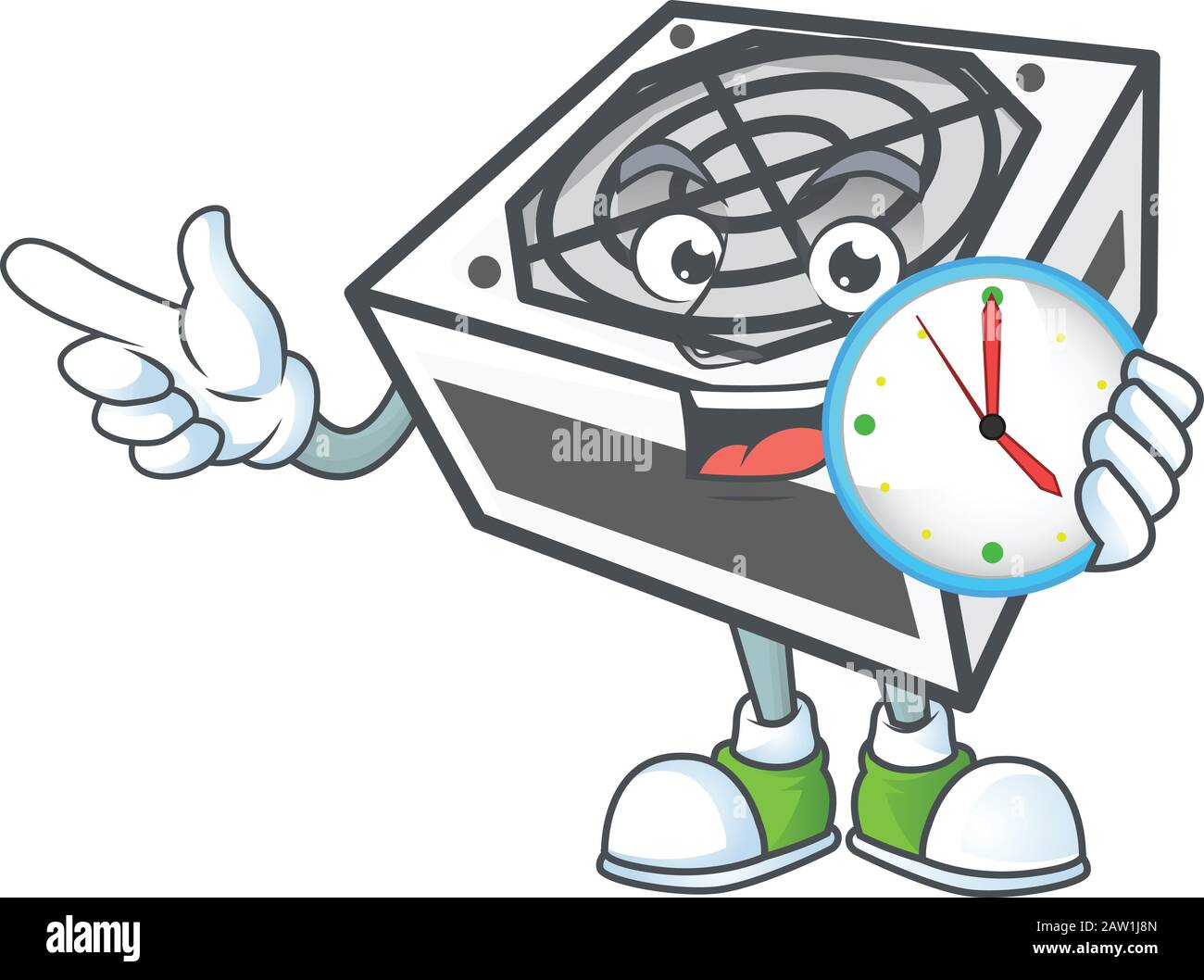 Power supply unit white color cartoon character style with a clock ...