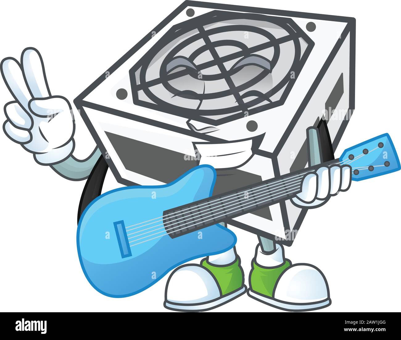 A cartoon character of power supply unit white color playing a guitar ...