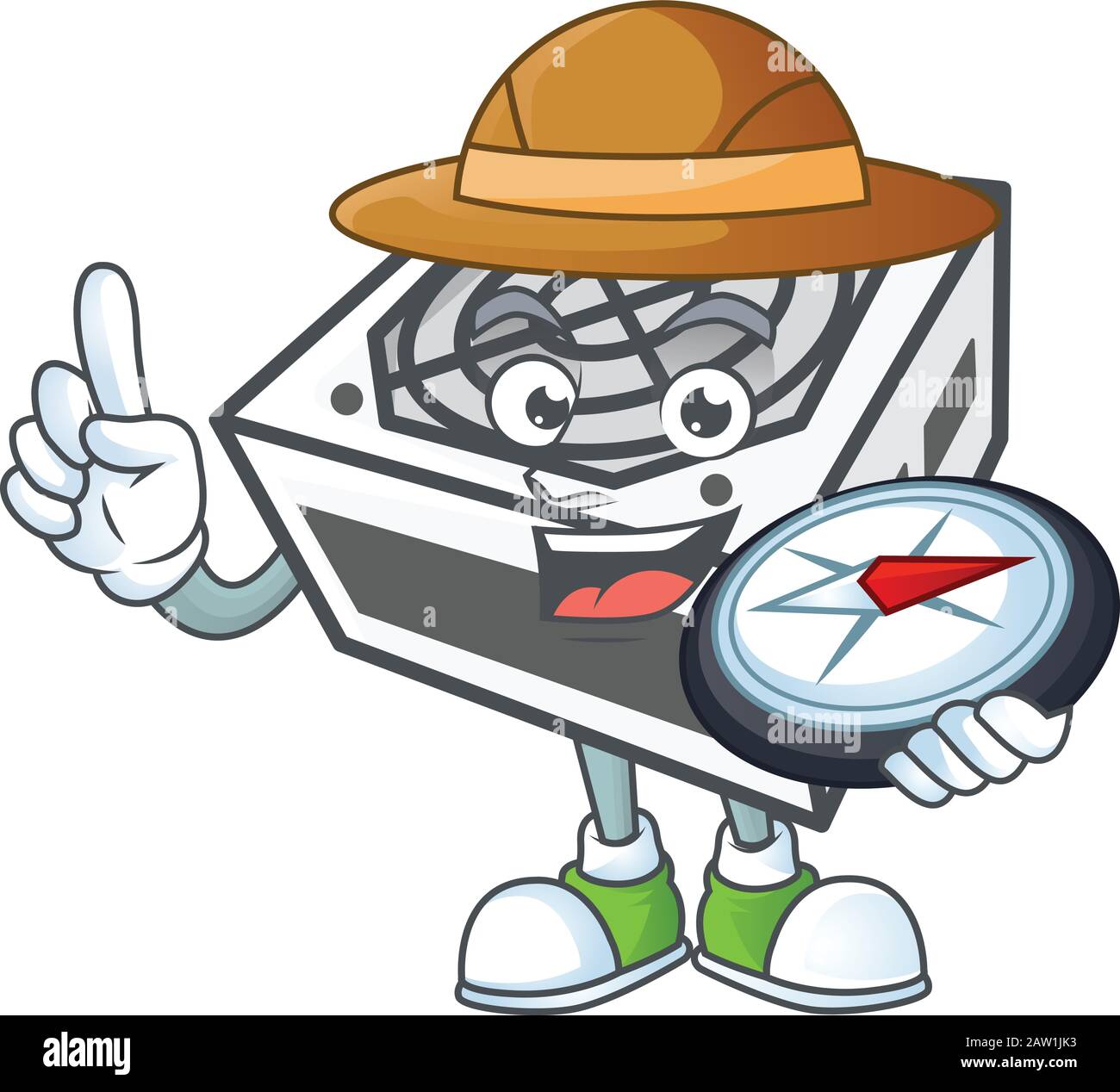A power supply unit white color explorer cartoon design having a ...
