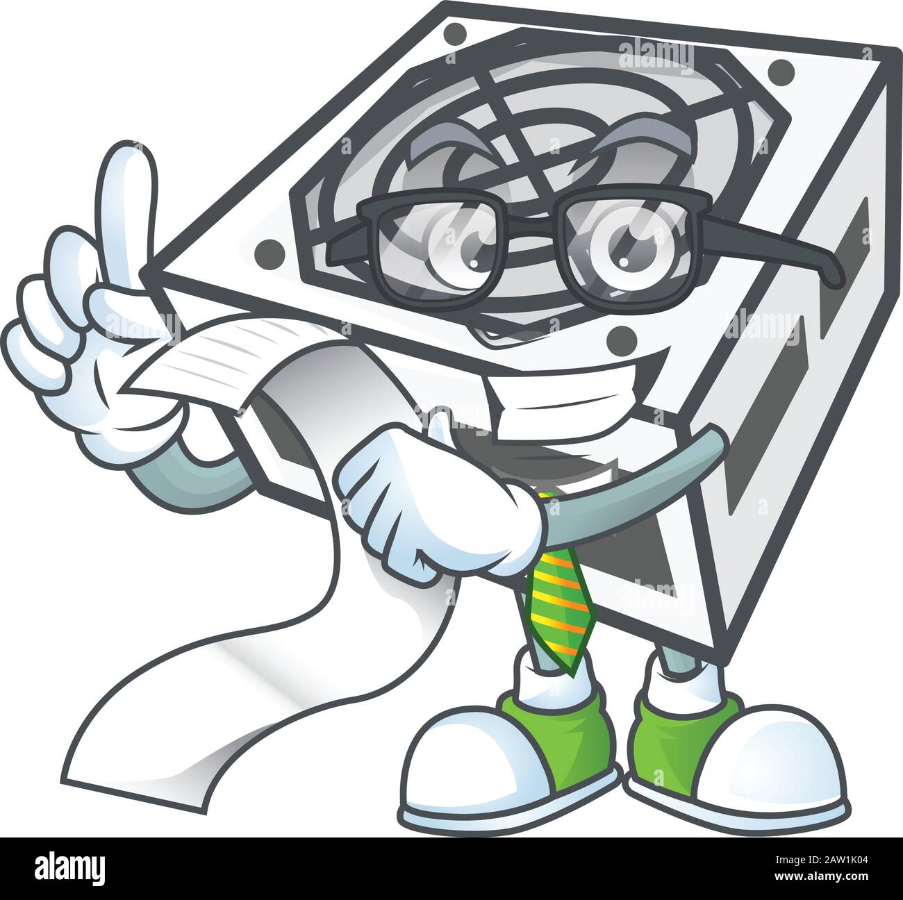 A funny face character of power supply unit white color holding a menu ...