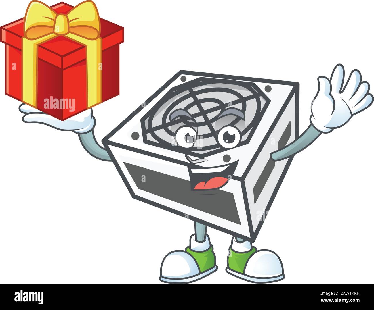 cartoon character of power supply unit white color with a box of gift ...