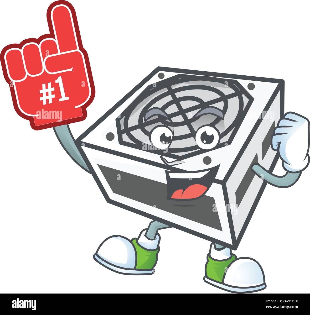 A cartoon design of power supply unit white color holding a Foam finger ...