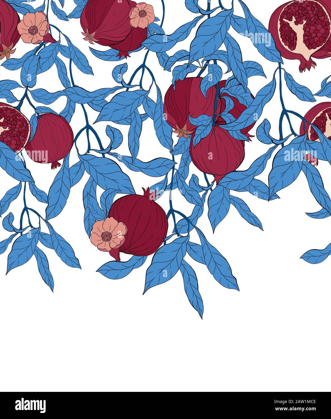 Vector seamless pattern with pomegranate fruits and seeds on white ...