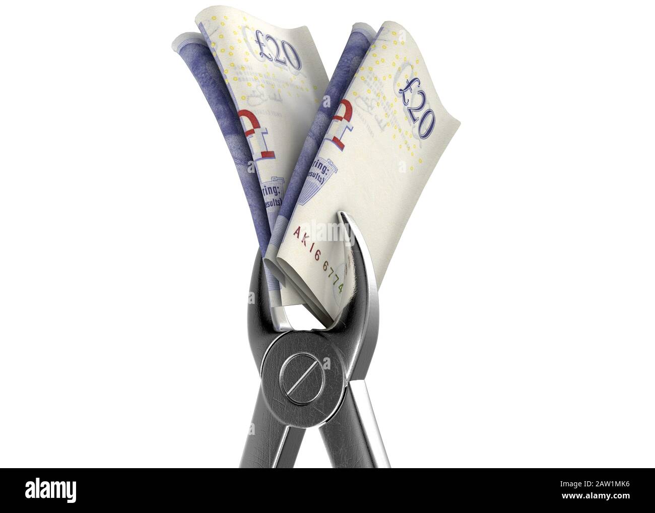 A pair of medical pliers gripping a rolled up pair of british pound ...