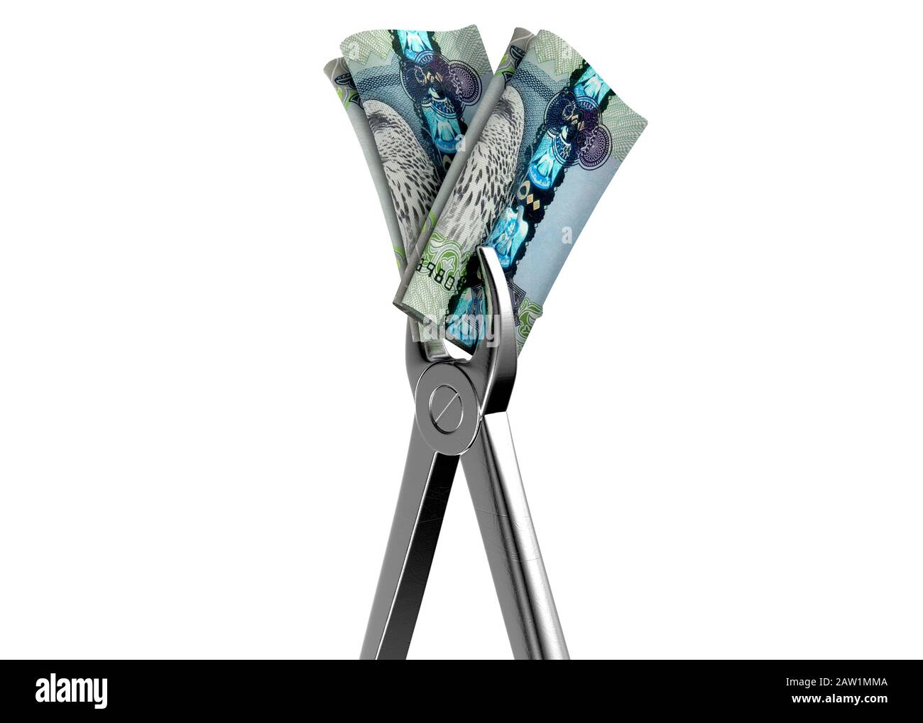 A pair of medical pliers gripping a rolled up pair of russian ruble ...