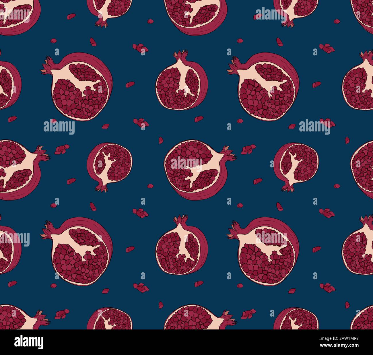 Vector seamless pattern with pomegranate fruit and seed on blue ...
