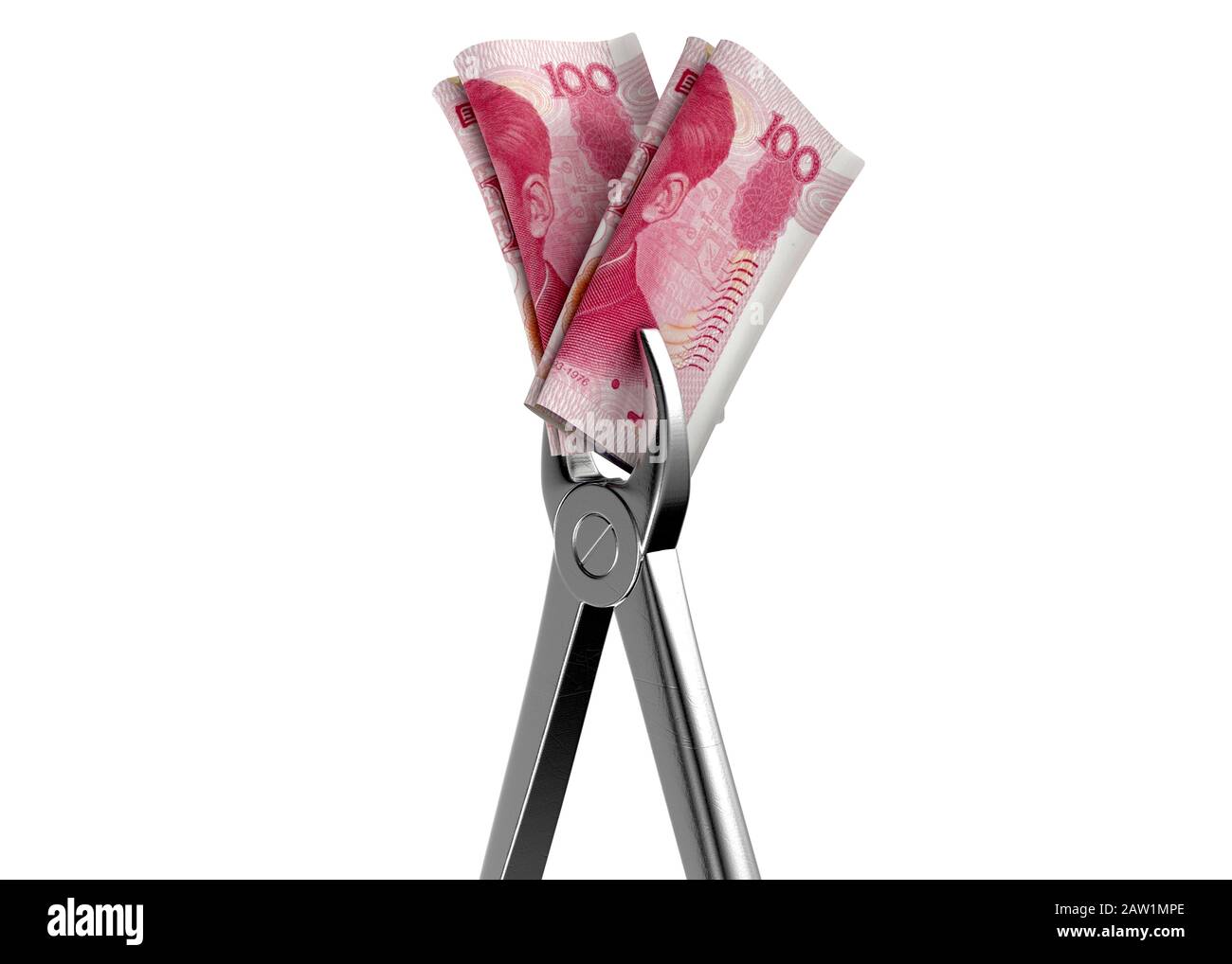 A pair of medical pliers gripping a rolled up pair of china yuan bank ...