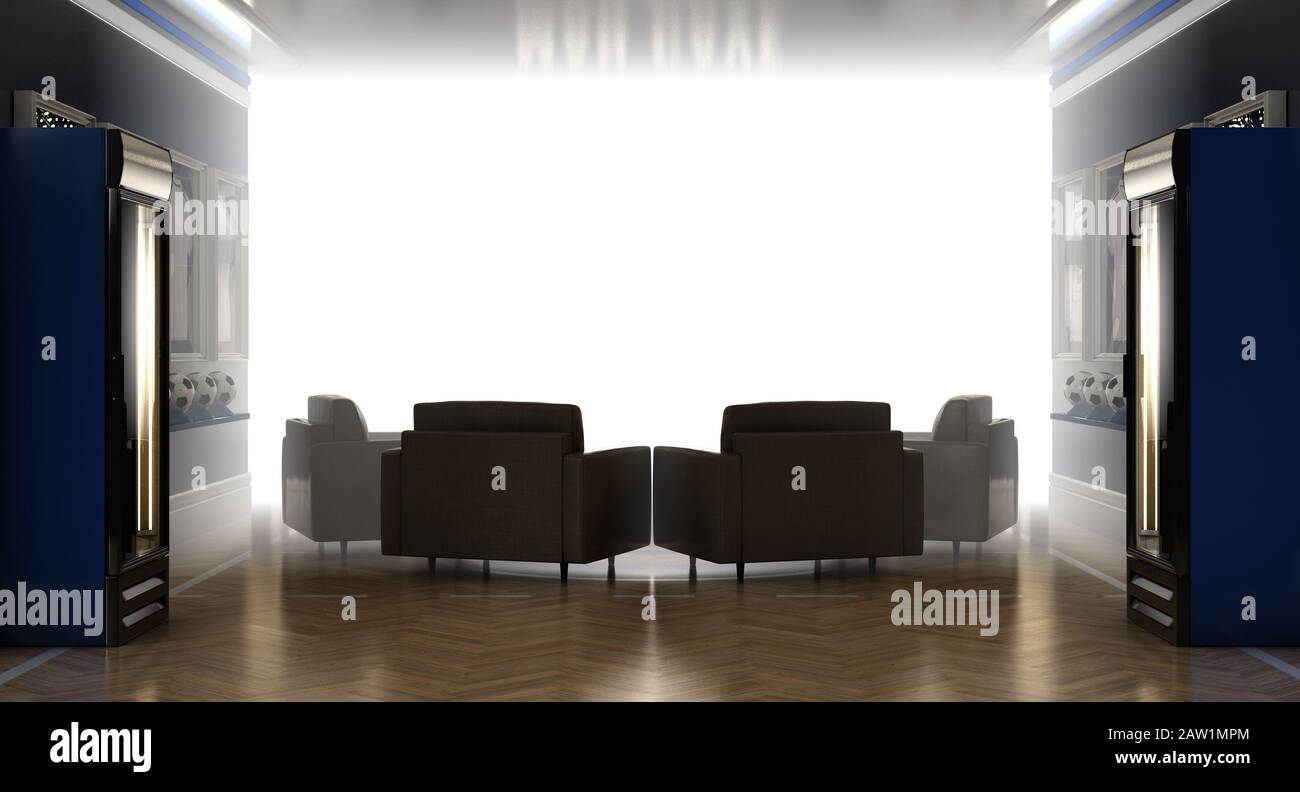 An interior of a soccer themed man cave with sports memorabilia ...