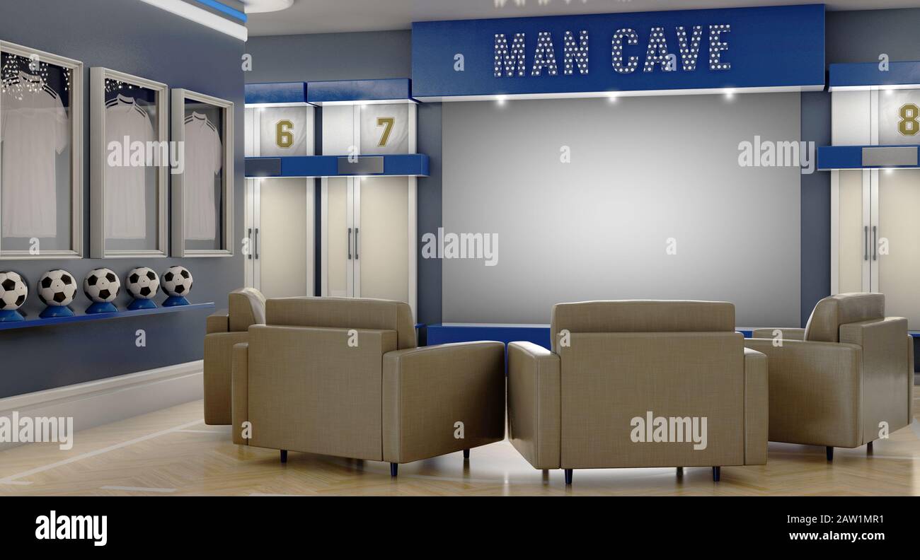 A well lit interior of a soccer themed man cave with sports memorabilia ...