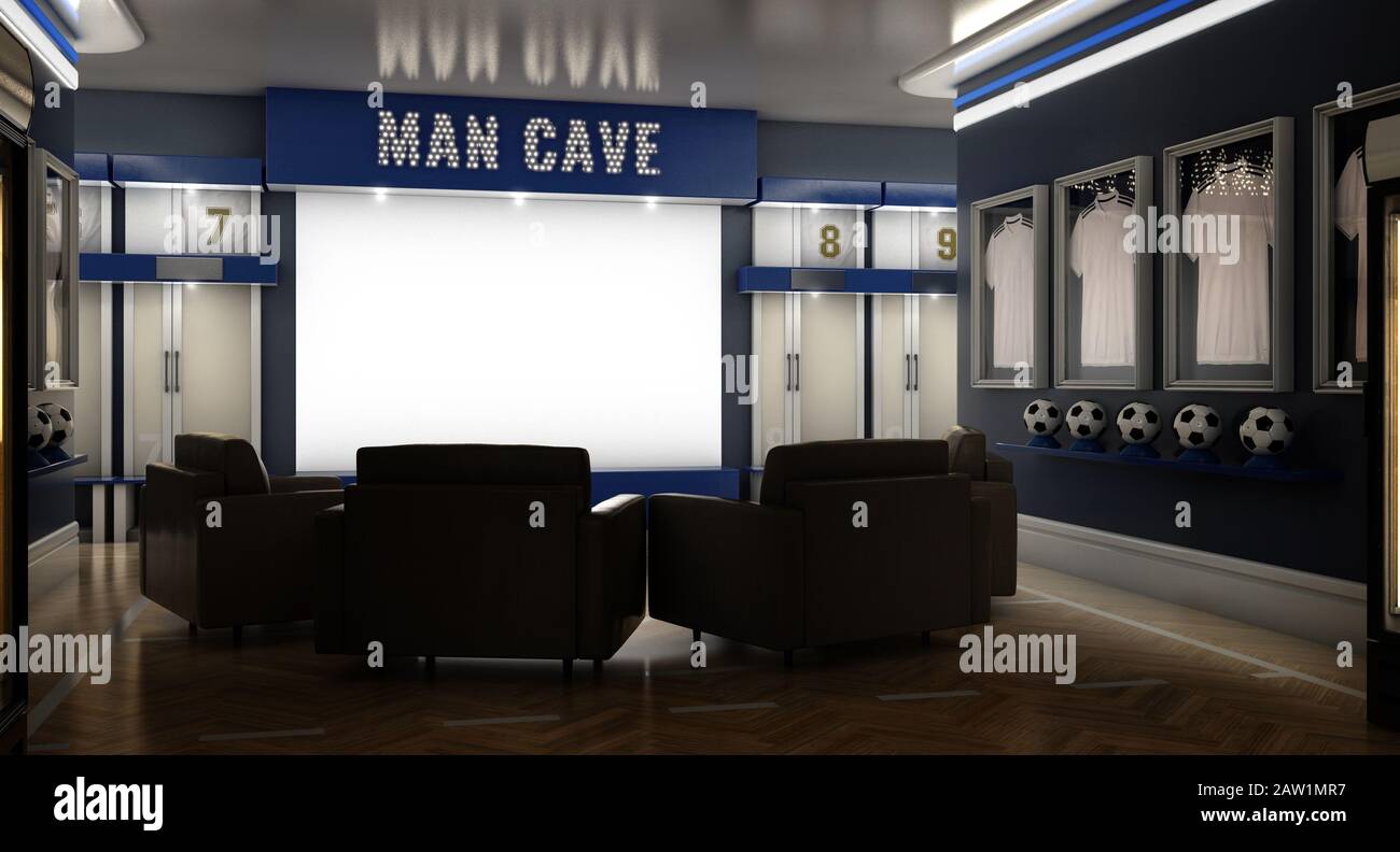 A dramatically lit interior of a soccer themed man cave with sports ...