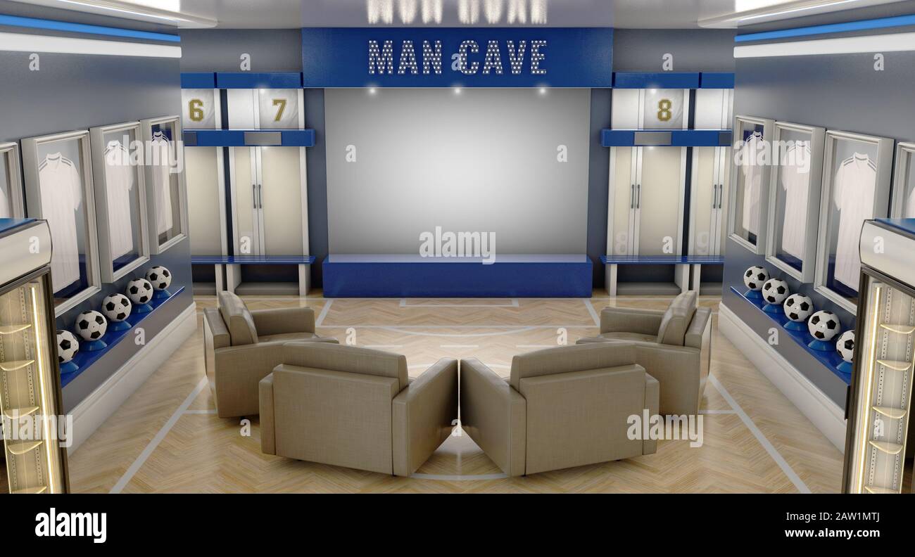 A well lit interior of a soccer themed man cave with sports memorabilia ...