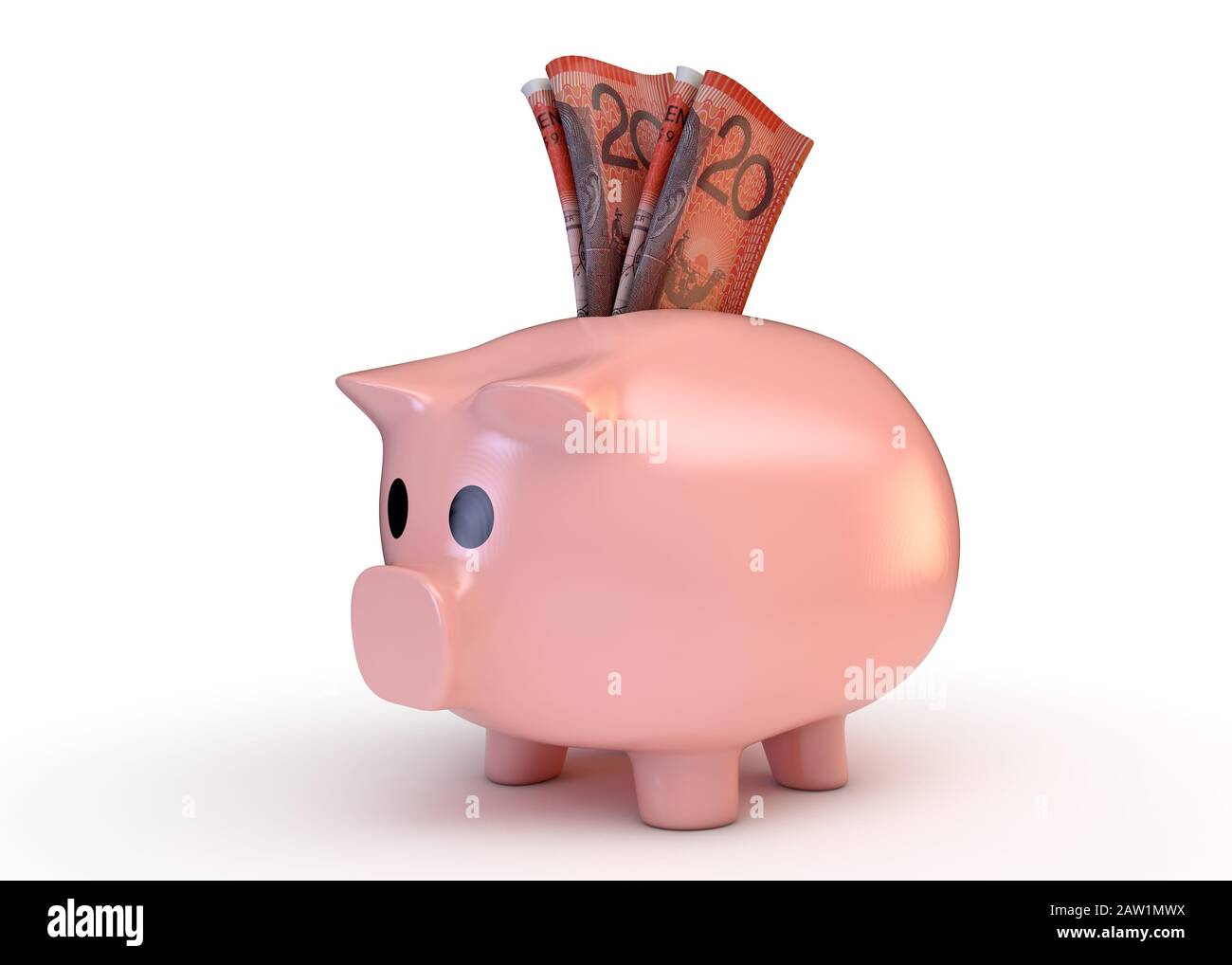 A pink piggy bank with a rolled up pair of australian dollar bank notes ...