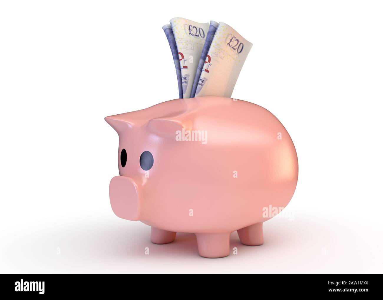 A pink piggy bank with a rolled up pair of british pound bank notes ...