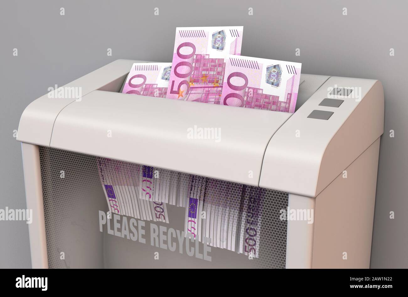 A regular office paper shredder in the process of shredding three euro ...