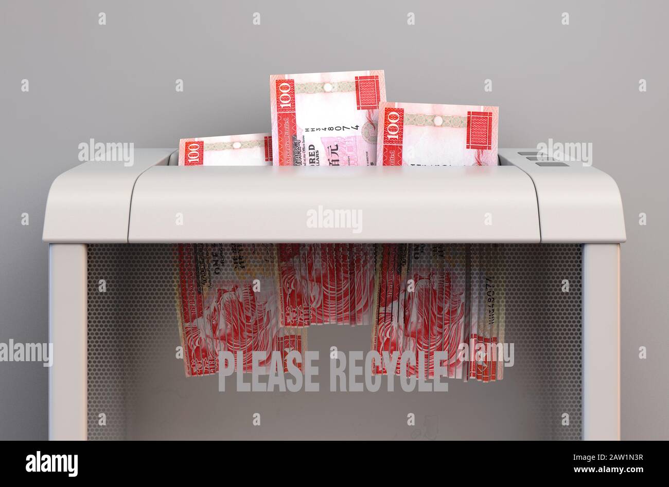 A regular office paper shredder in the process of shredding three hong ...