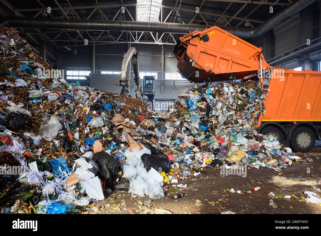 GRODNO, BELARUS - OCTOBER 2018: recycling plant process of unloading ...