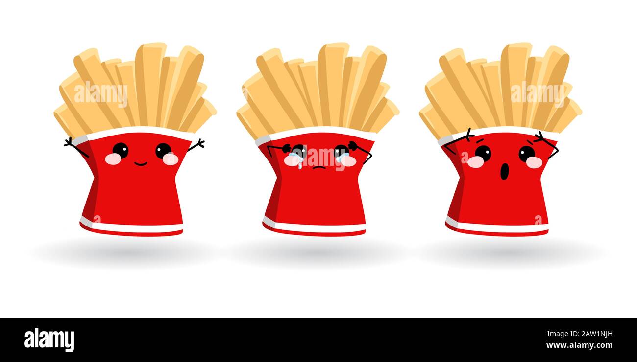 Cartoon funny french fries. Hand drawn set of emoji. Vector emoticon ...