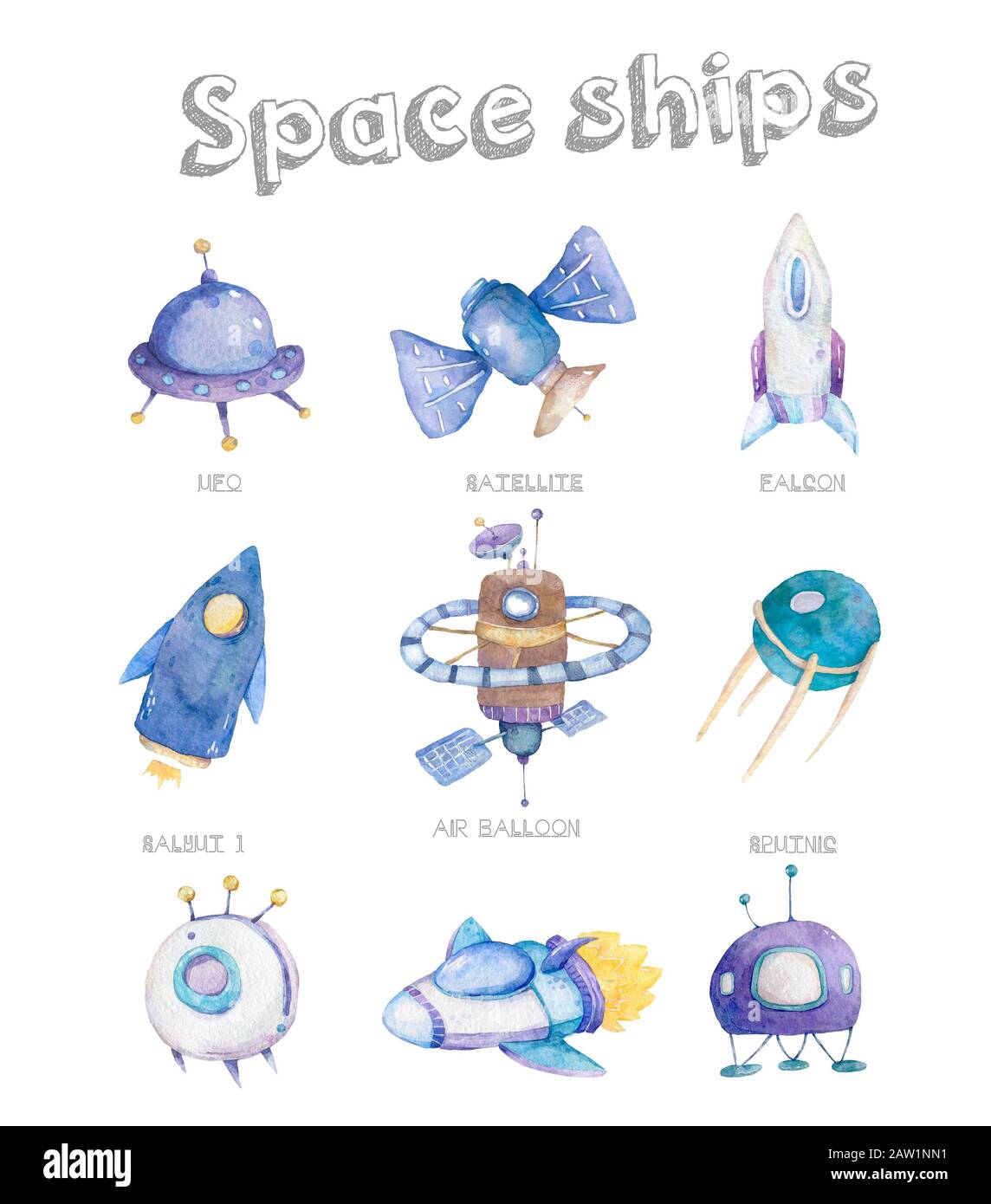 Cute Watercolor Cosmic ships in cartoon style. Space ships ...