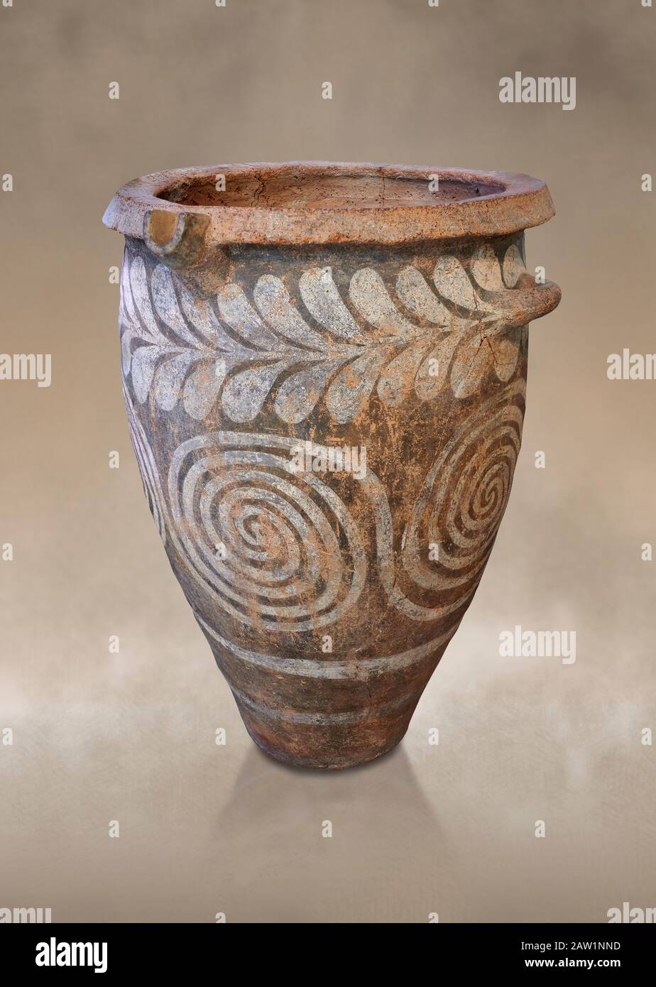 The Minoan clay burial pithos with swirl and leaf design, Neopalatial ...