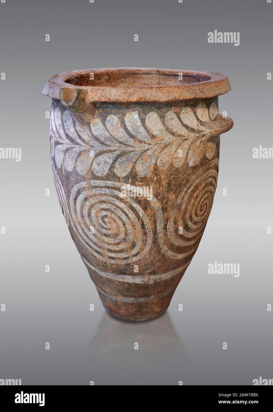 The Minoan clay burial pithos with swirl and leaf design, Neopalatial ...
